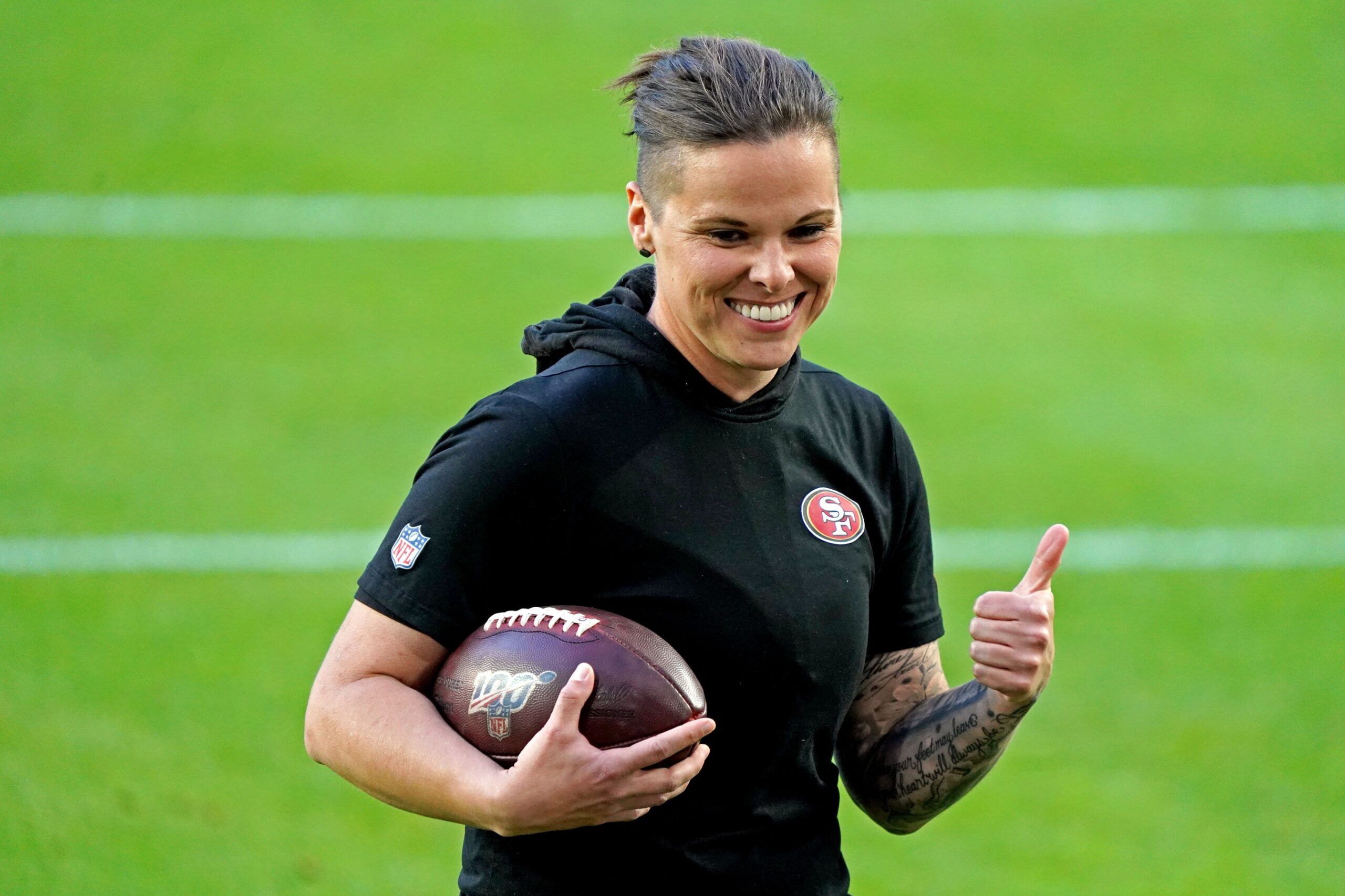 Katie Sowers is the coach of the Italian women’s flag football team ...